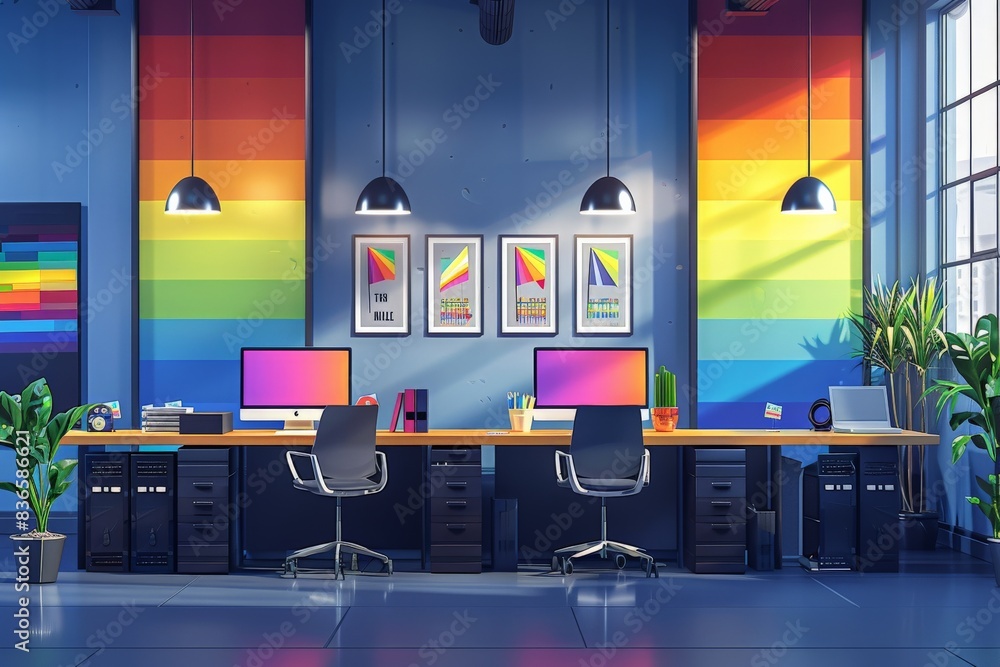 Simplified vector illustration of a corporate office decorated with ...