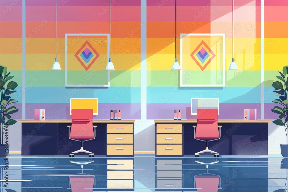Simplified vector illustration of a corporate office decorated with ...