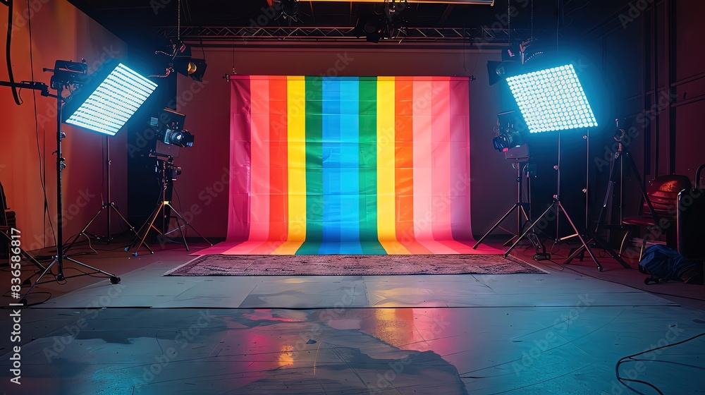 Colorful photo studio setup with vibrant rainbow backdrop. Professional ...