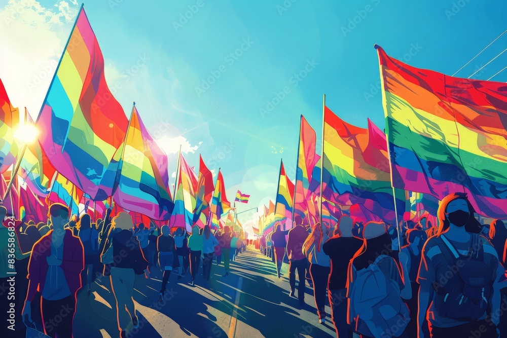 Simplified vector scene of a Pride march, featuring diverse ...