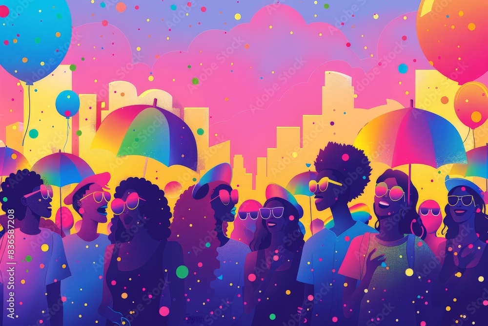 Vector style depiction of a Pride festival with diverse LGBTQ+ ...