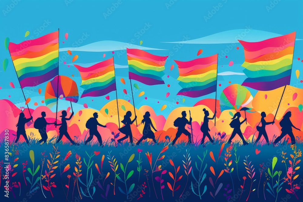 Vector illustration of a group of allies at a Pride march, supporting ...