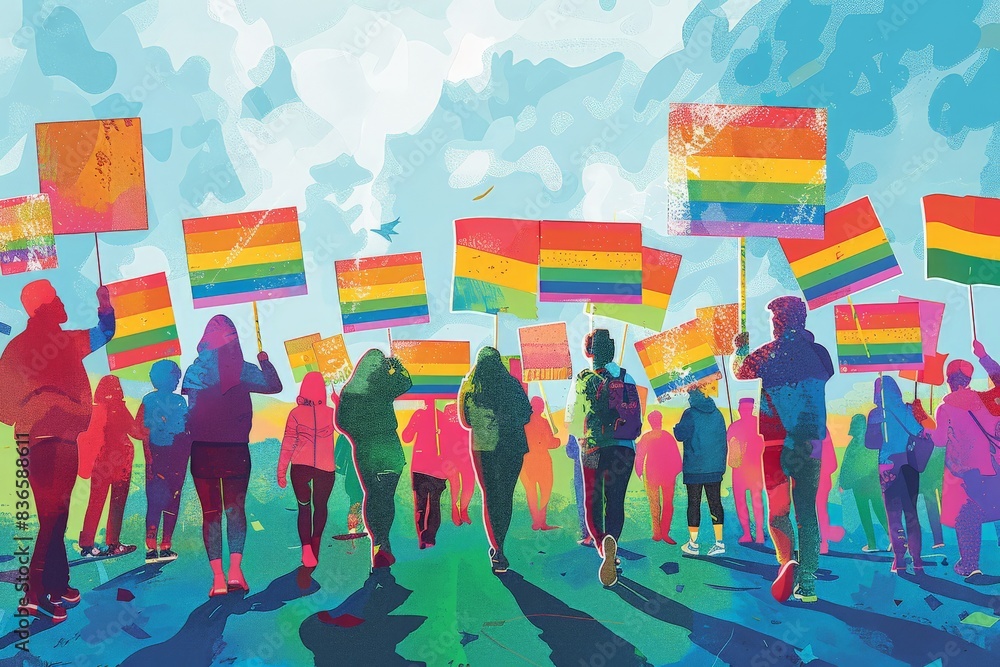 Simplified vector scene of a Pride march with participants holding ...