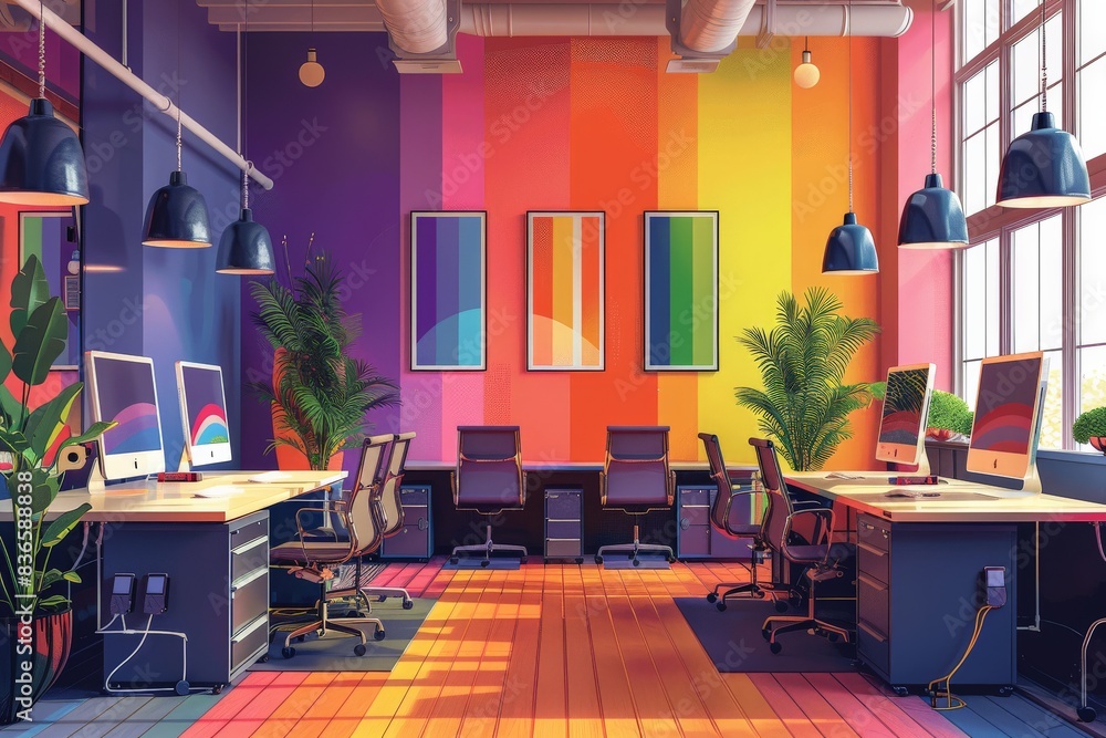 Vector depiction of a corporate office decorated with Pride symbols for ...