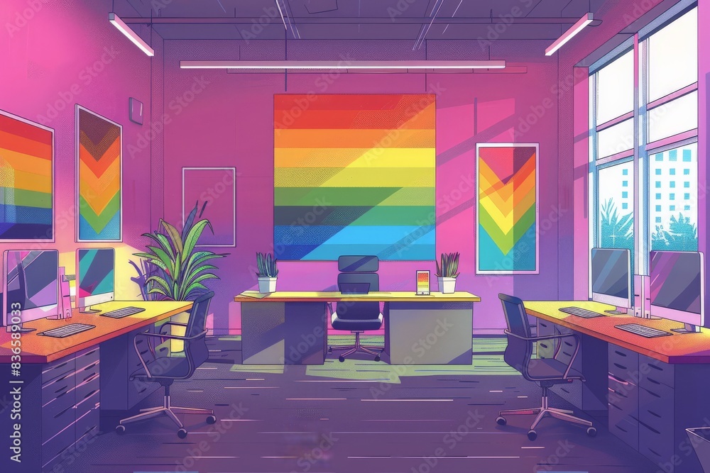 Vector depiction of a corporate office decorated with Pride symbols for ...