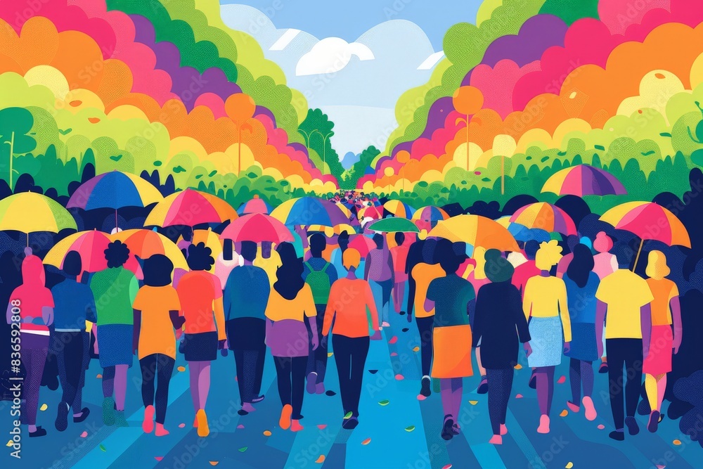 Simplified vector scene of a Pride march with participants advocating ...