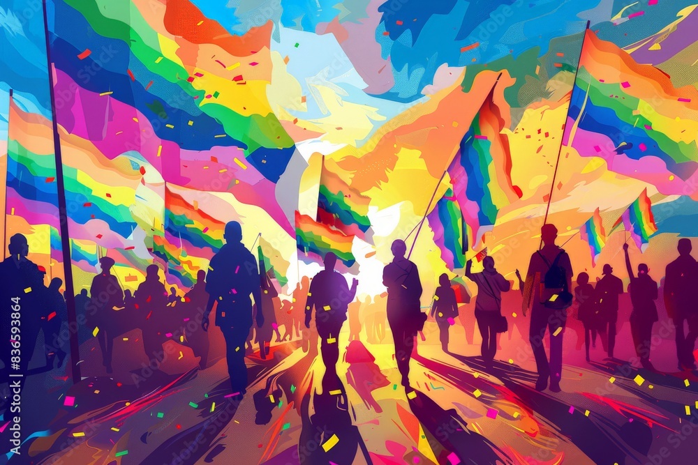 Simplified vector artwork of a Pride march with participants holding ...