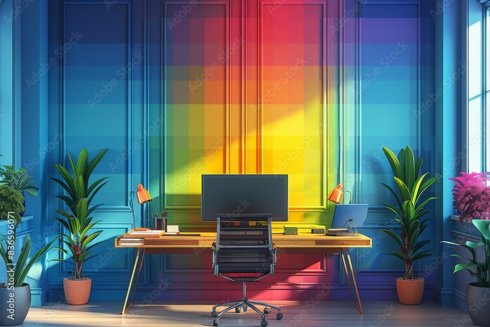 Minimalist vector illustration of a corporate office decorated with ...