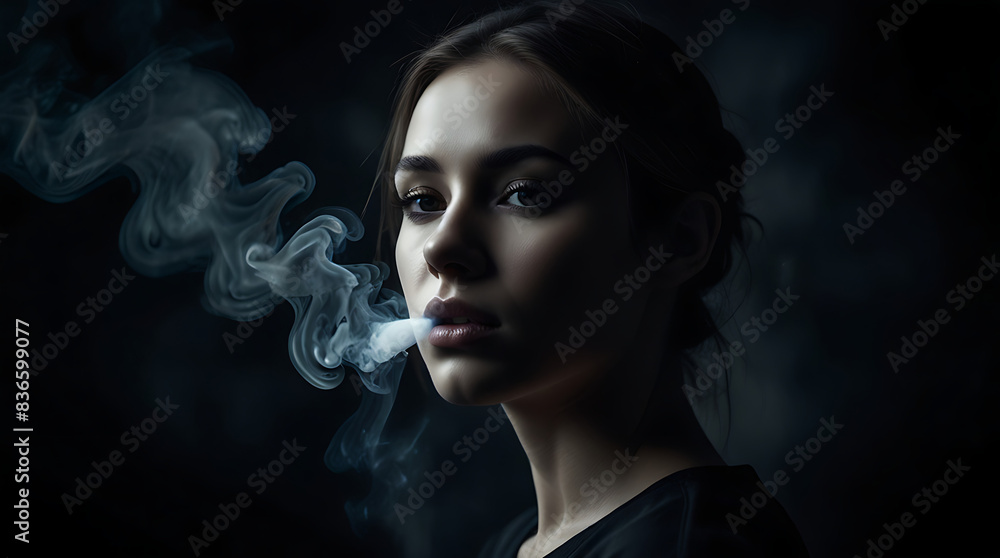 Dark abstract style image, woman's face turning into smoke by sad ...