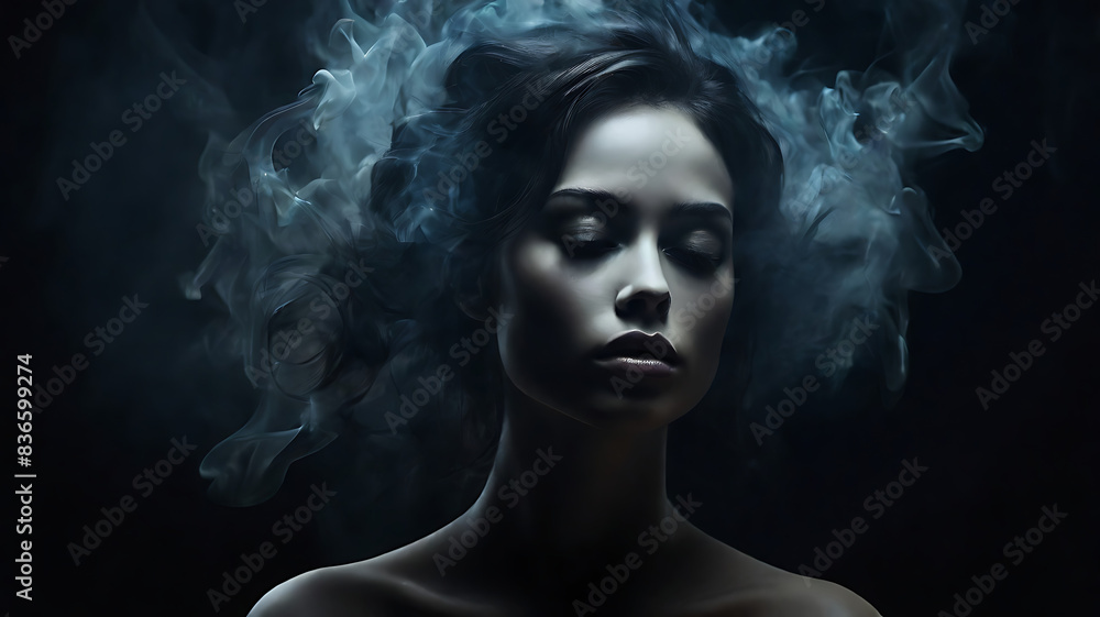 Dark abstract style image, woman's face turning into smoke by sad ...