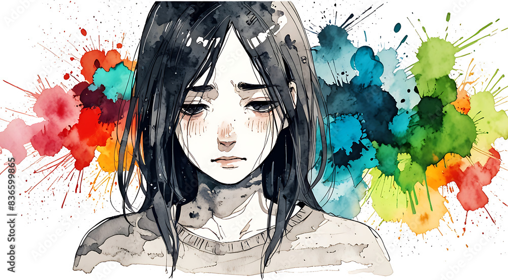 Abstract Water color paint art of portrait of depressed person with ...