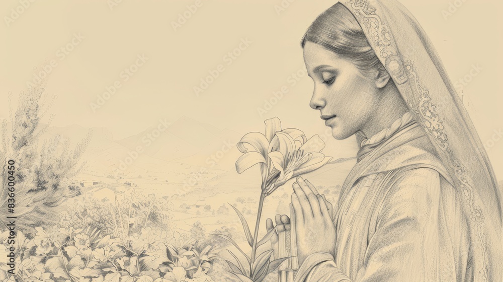 Biblical Illustration of Saint Maria Goretti in deep prayer, holding a ...