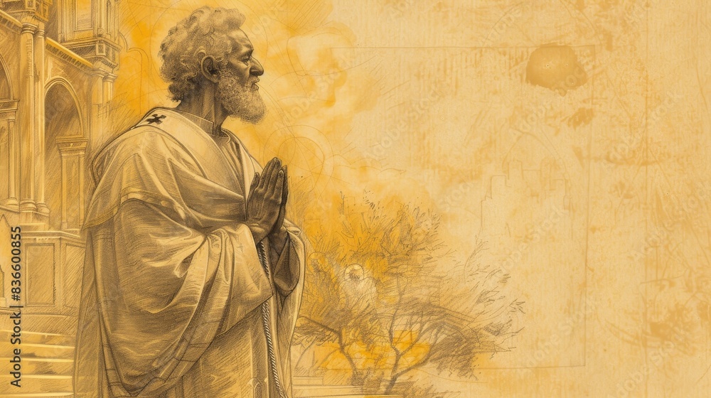 Biblical Illustration of Saint Jude Thaddeus in deep prayer, holding a ...