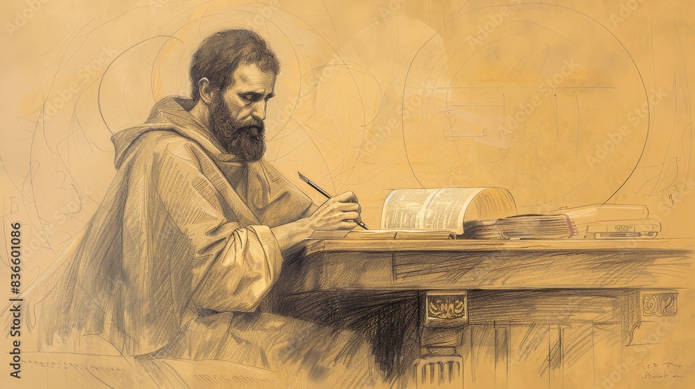 Biblical Illustration of Saint Justin Martyr writing his theological ...