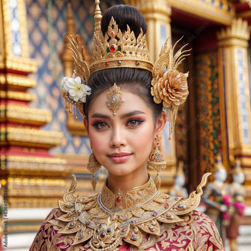 Beautiful Thai woman Dress up in beautiful Thai clothes. In Wat Phra ...