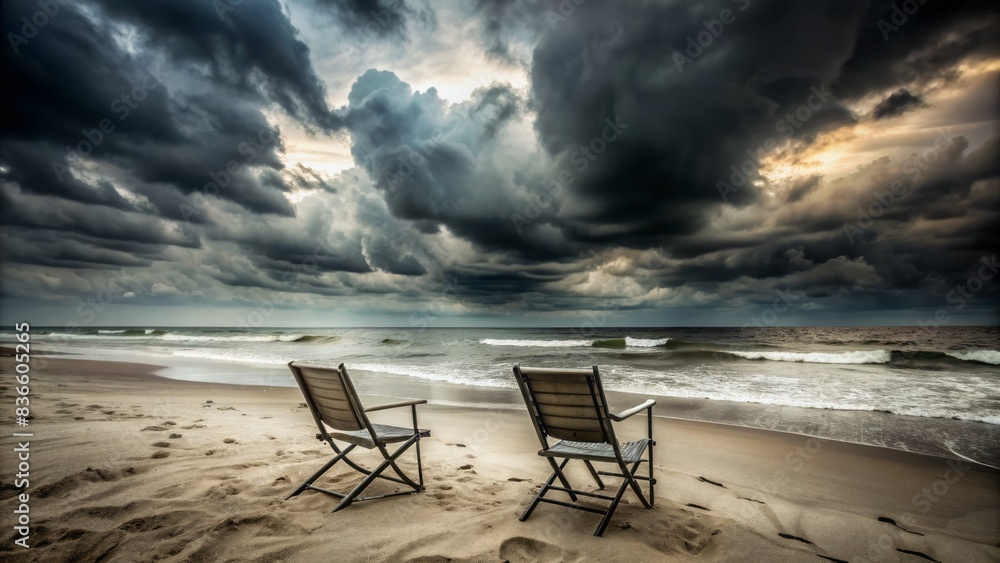 Dark ominous mist surrounds two empty chairs standing alone on a ...