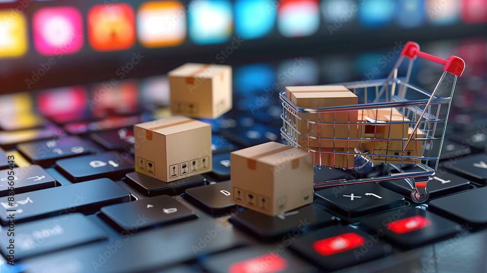 Digital online shopping concept, miniature cart with boxes on laptop ...