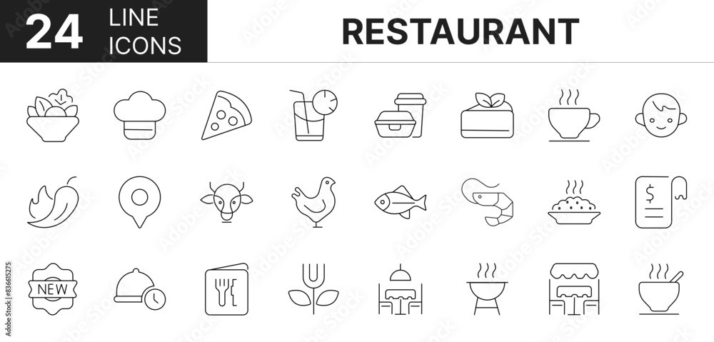 Collection of 24 Restaurant line icons featuring editable strokes ...