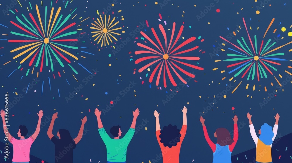 A 2D flat style illustration depicting a fireworks display lighting up ...