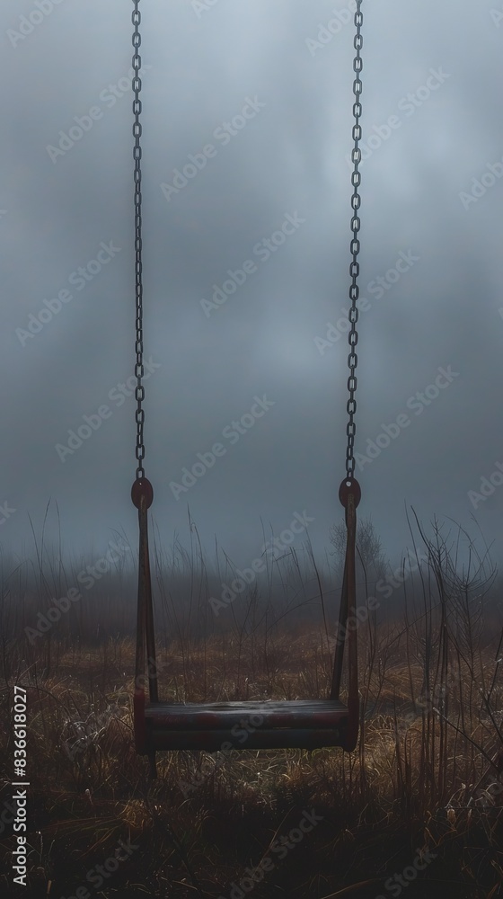 An unsettling imagery artwork depicting a lone, empty swing set in the ...
