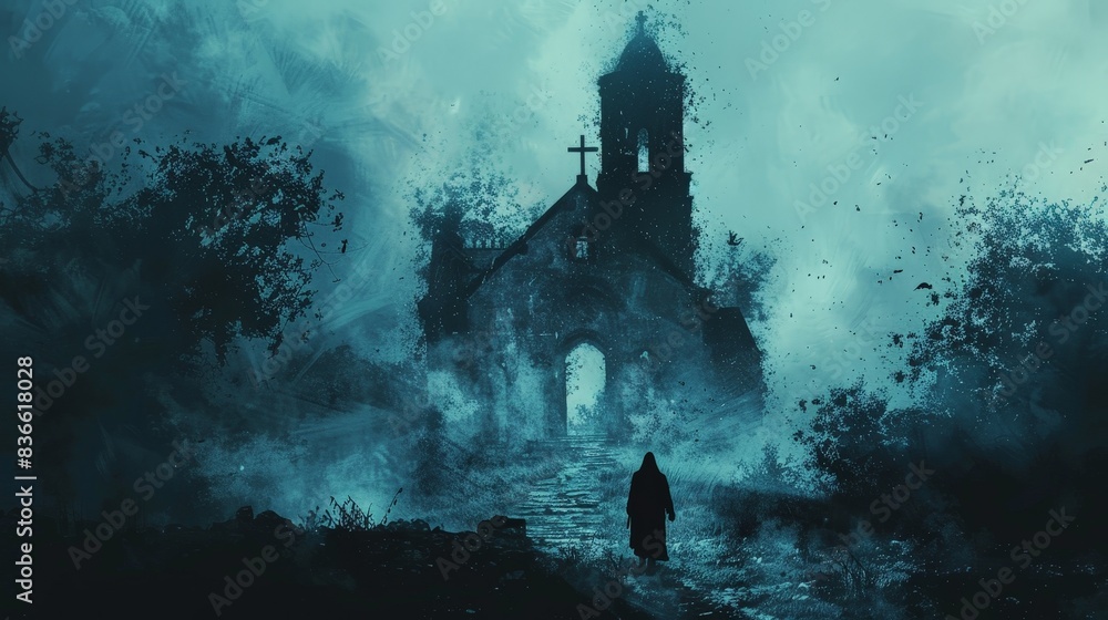 A spooky silhouette illustration showing a figure standing at the ...