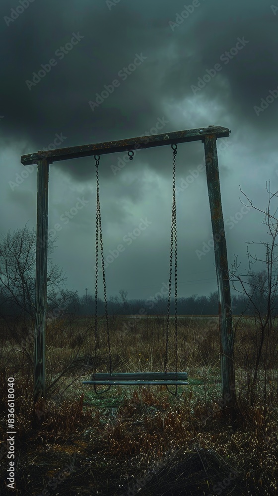 An unsettling imagery artwork depicting a lone, empty swing set in the ...
