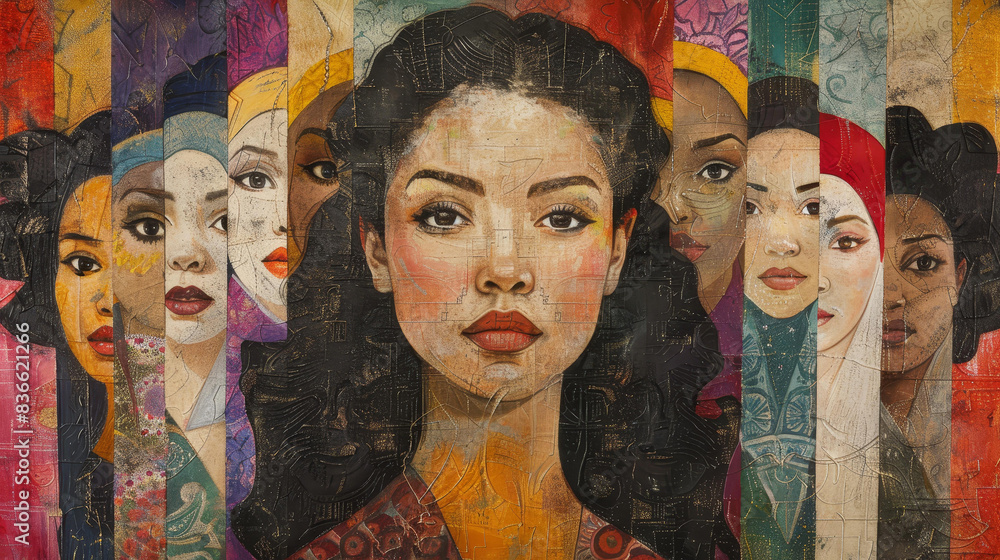 A striking depiction of a poised woman in unity with women of diverse ...