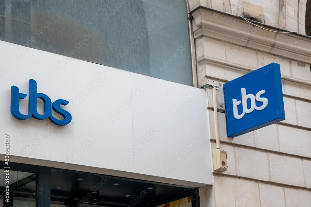 TBS store logo sign and brand text facade sport boat and shoes shop ...