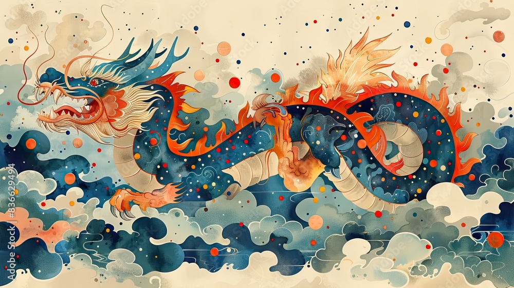 ภาพประกอบสต็อก rectilinear china dragon illustration of a colorful ...
