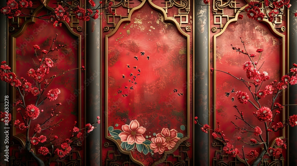 red and gold chinese pattern ,minimalism , chinese, studio lighting low ...