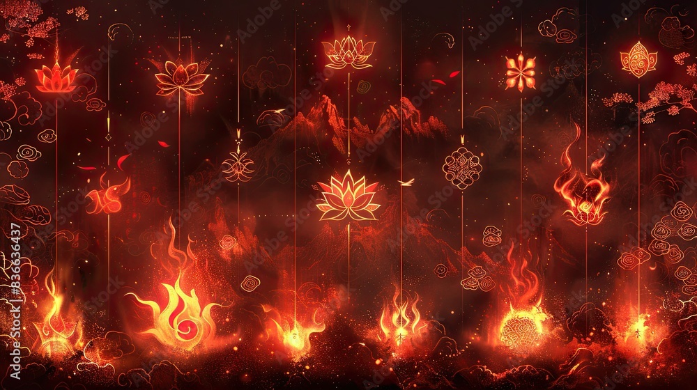red seamless pattern with burning symbols on brown, in the style of ...