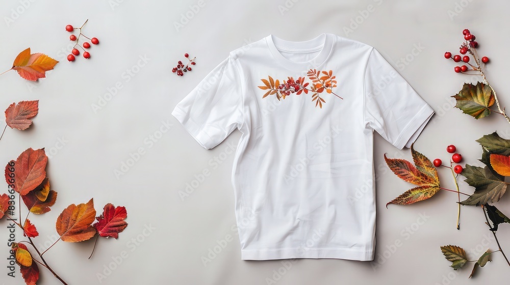 White unisex cotton T-shirt mockup with snowberry, red and green fall ...