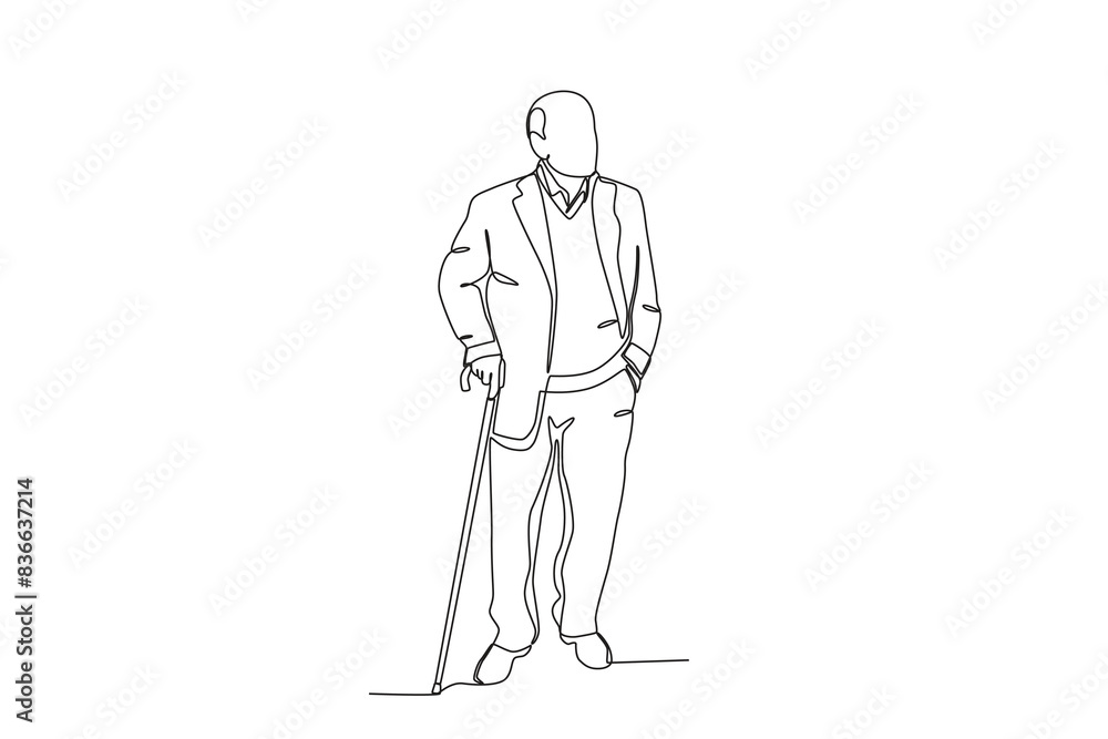 Single continuous line drawing of a grandfather standing with stick ...