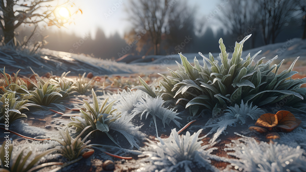 frost material, frost cover, frosty soil, frosty landscape, freezing ...
