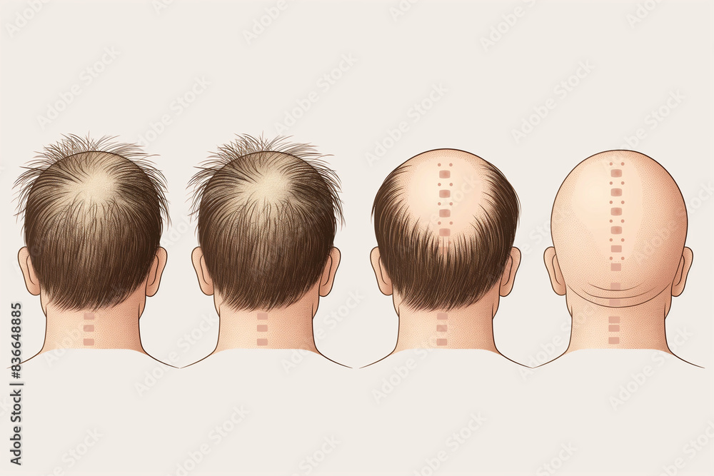 Alopecia stages set. Back view of balding male head Hair loss process ...