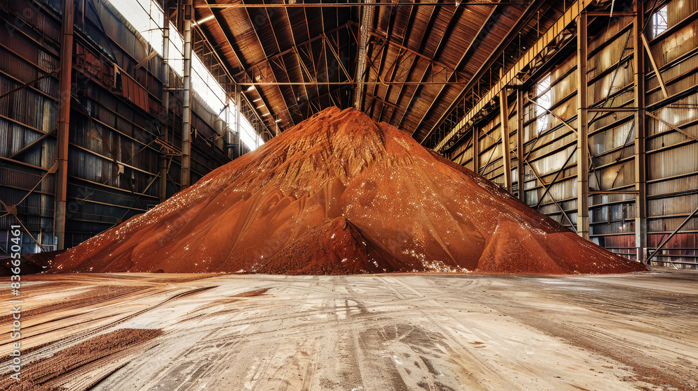 A towering pile of vibrant red dirt dominates a warehouse, symbolizing ...