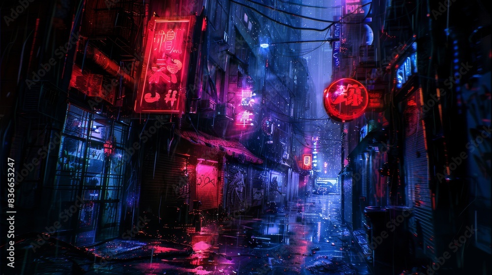 Neon signs illuminate a rainy cyberpunk city street. The wet pavement ...