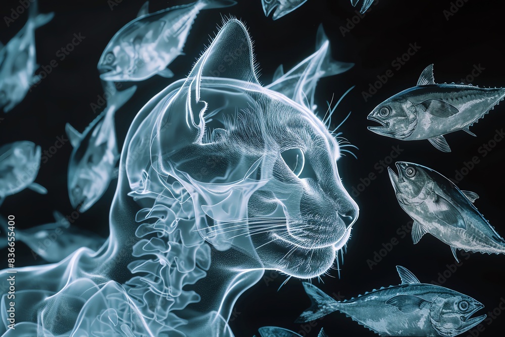 X-ray illustration of a cat surrounded by fish, showcasing skeletal ...