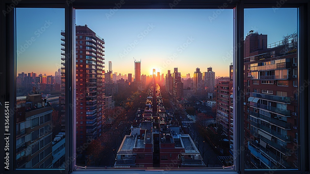 A panoramic view of a city skyline at dawn with the first light of day ...