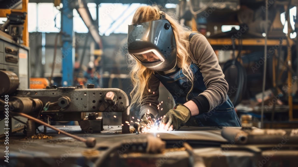 Female welder with blonde hair operating a welding machine in a ...