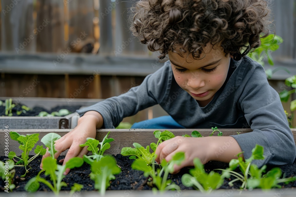 Young boy tending to small vegetable plants in a raised garden bed with ...