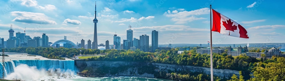 The Canadian flag flying proudly over an iconic Canadian landmark Stock ...