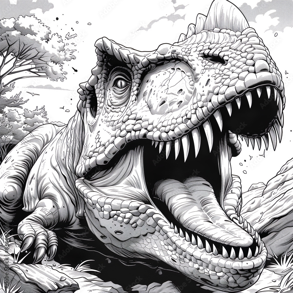 black and white illustration of a dinosaur coloring book for kids Stock ...