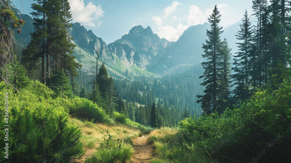 Scenic hiking trail winding through majestic forests and towering peaks ...