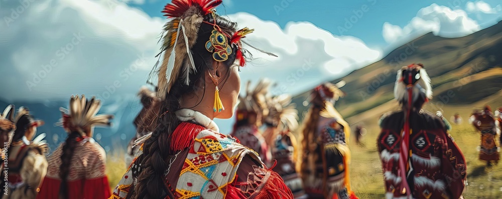 Illustrate a panoramic view of a minority group in traditional attire ...