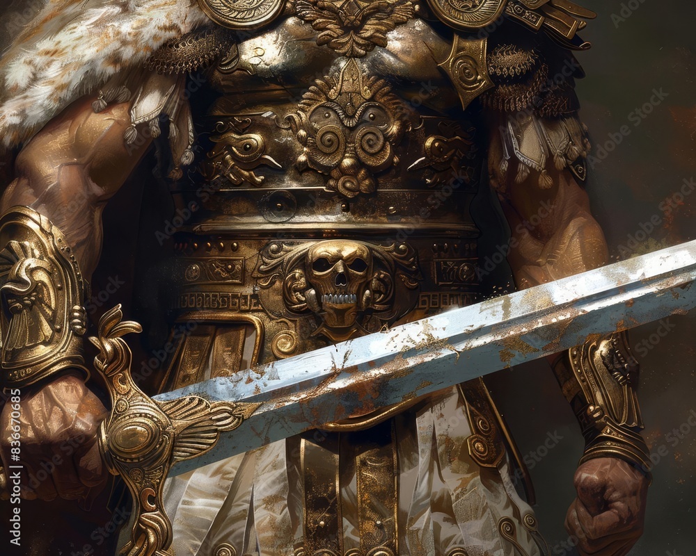 Illustrate a Roman warrior in heroic stance, brandishing a sword under ...