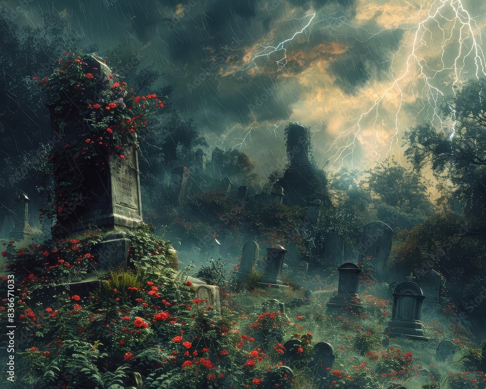 Illustrate a surreal, tilted angle view of the overgrown graveyard ...