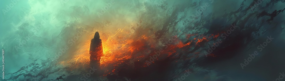 Illustrate a tilted-angle view of a spectral figure merging with mist ...