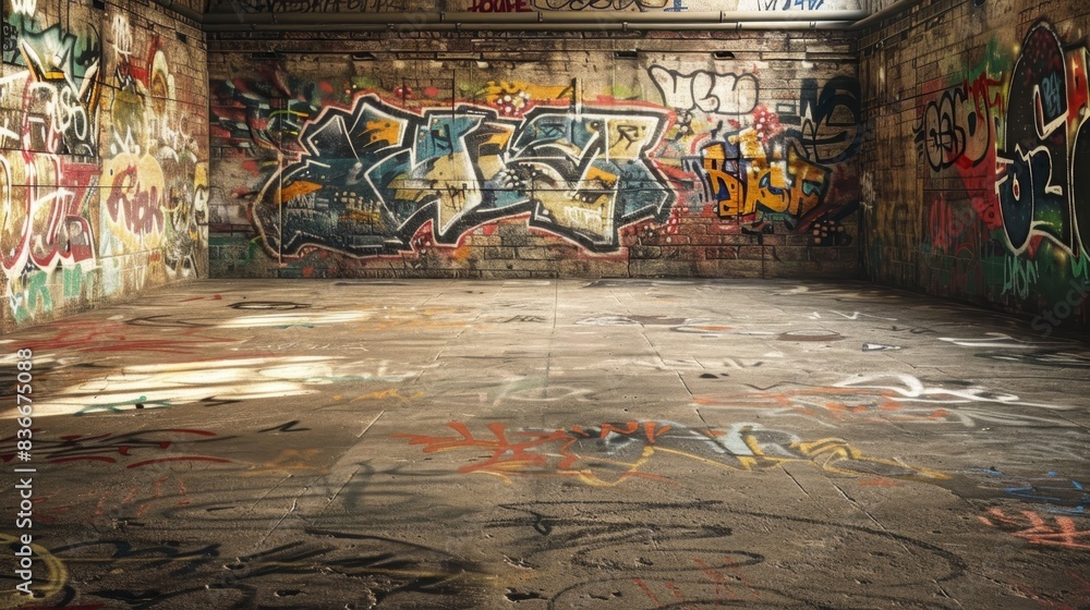 artistic wall and floor background with graffiti art walls and concrete ...