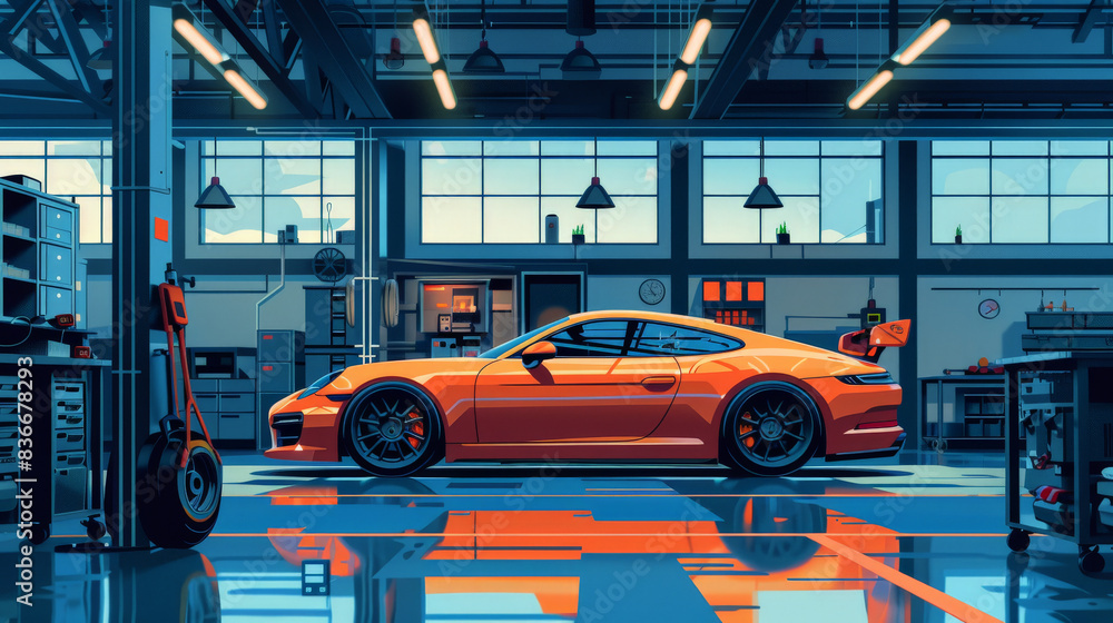 Vector depiction of a car customization workshop, where mechanics ...